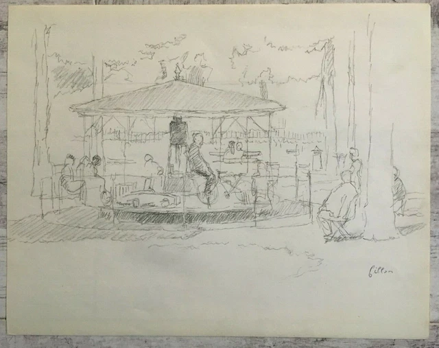 ARTHUR FILLON (1900-1974) Dessin Manège fête foraine Paris jardin du ...