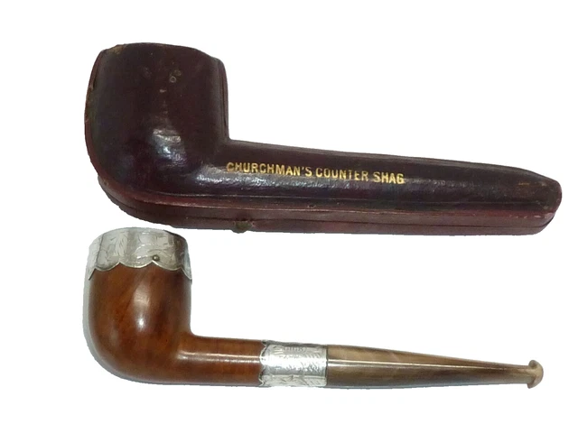 VICTORIAN SILVER MOUNTED Briar & Horn Pipe Churchman's Counter Shag ...