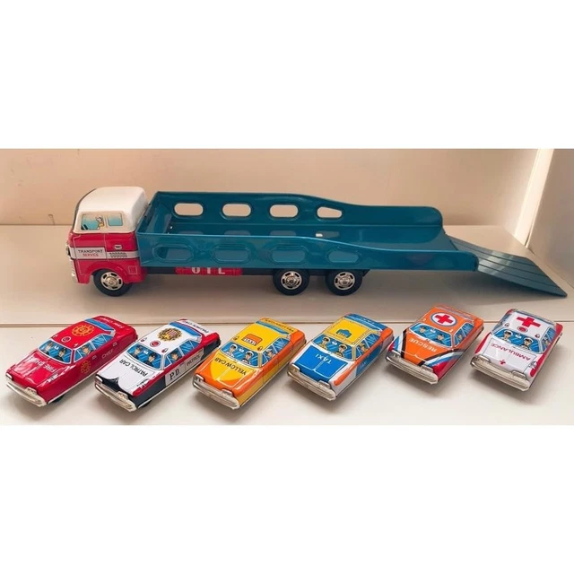 NOS SANYU AUTO Transport Tin Car Carrier Truck w/6 Cars Japan Boxed ...