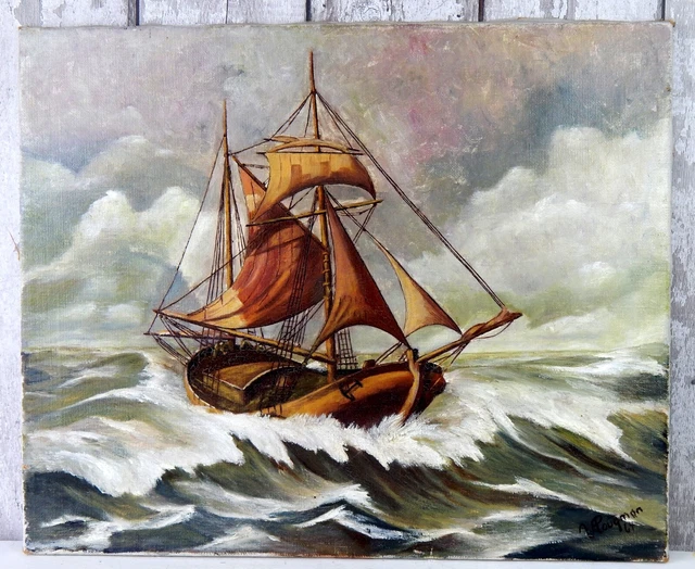 VINTAGE OIL PAINTING on Canvas Sailing Ship Seascape Nautical Maritime £90.25 - PicClick UK