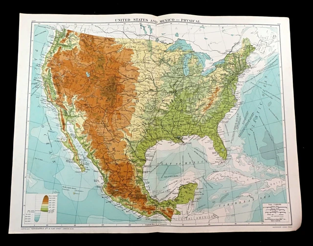 MAP OF THE United States of America Mexico Physical Post WW1 Antique ...