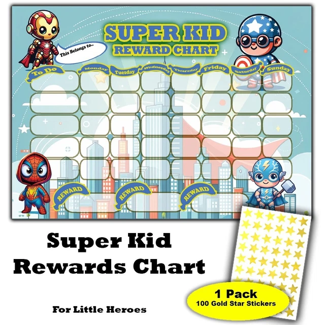 GOOD BEHAVIOUR- MARVEL Superhero Kid Themed Reward Chart -100 Gold Star ...