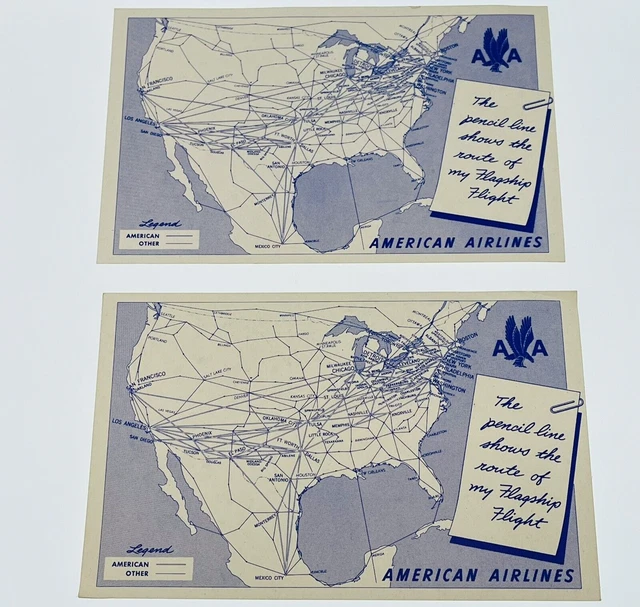 1940S 1949 AMERICAN Airlines Flagship Flight Route Map Postcards £7.66 ...
