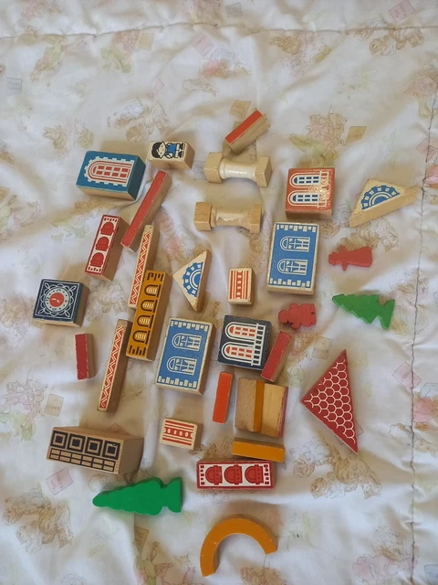 VINTAGE BUILDING BLOCK Set 1960s Pieces People Train Set Parts Wooden ...