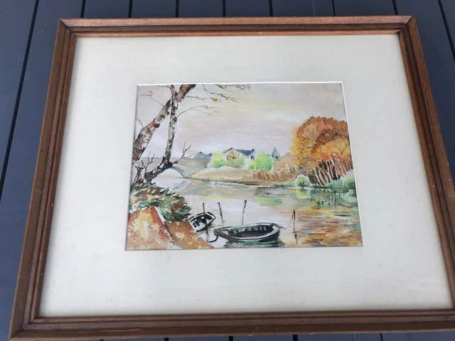 TABLEAU AQUARELLE SIGNÉE MAILLARD PAYSAGE RIVIERE BARQUE CAMPAGNE ENCADRÉE EUR 20,00 - PicClick FR