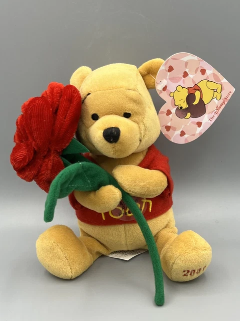 DISNEY STORE WINNIE The Pooh With Rose 8" Plush Soft Toy Valentines ...
