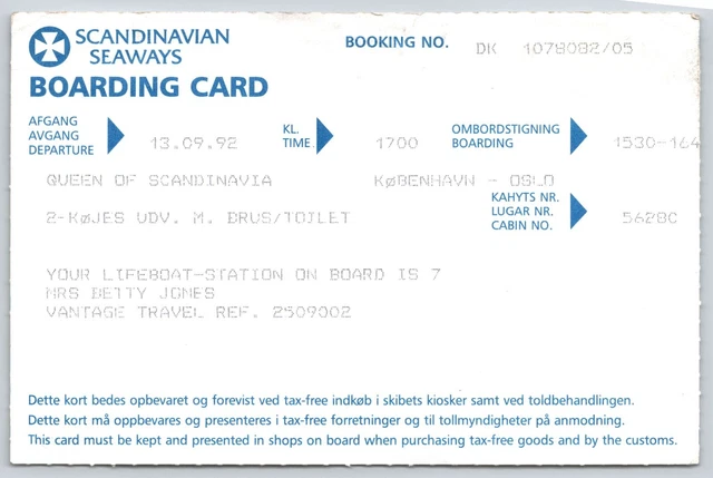 SCANDINAVIAN SEAWAYS BOARDING Card Vintage 1992 Queen of Scandinavia ...