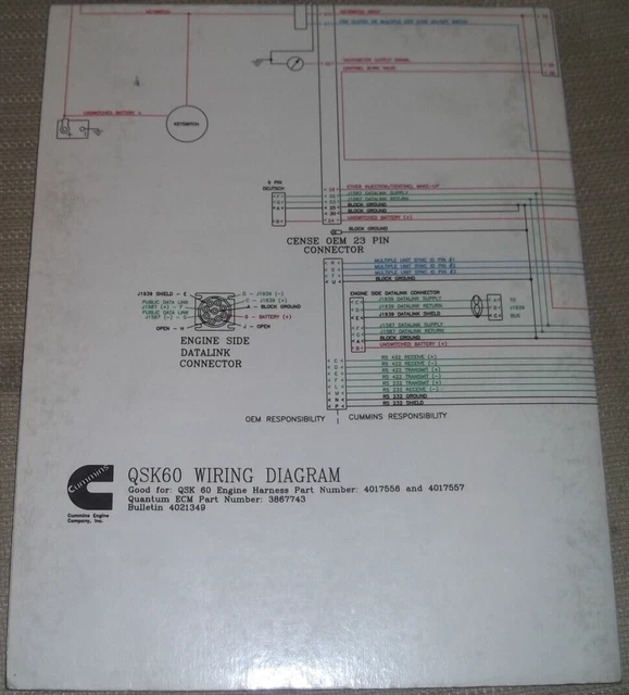 CUMMINS QSK60 CÂBLAGE Diagramme Schématique Effaçable 4021349 Pour ECM ...