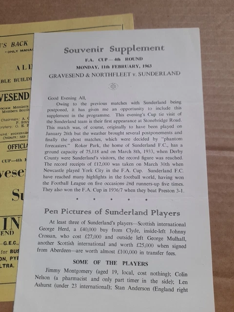 GRAVESEND AND NORTHFLEET FC V SUNDERLAND AFC 11th FEB 1963 , FA CUP 4TH ...