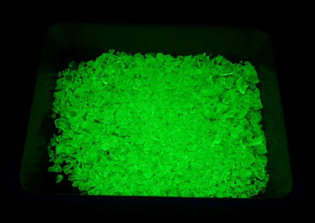LOOSE BROKEN PIECES OF URANIUM/VASELINE GLASS SHOWING UV FLUORESCENCE ...