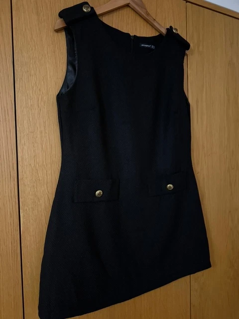 PRIMARK BLACK BOUCLE Military Tunic Dress UK 14 Gold Button 60s Mod ...