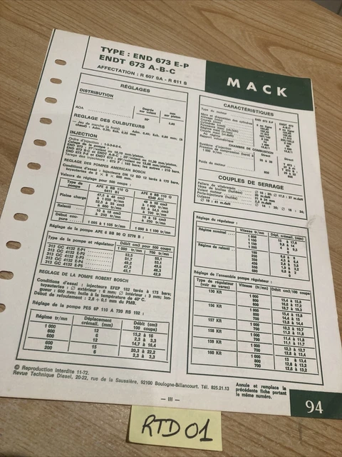 FICHE TECHNIQUE MOTEUR diesel MACK END 673 E-P ENDT 673 A B C ( R607SA ...