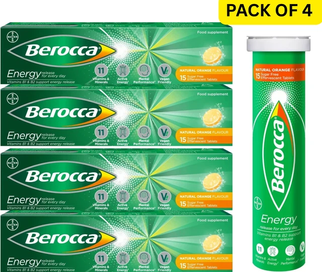 4 PACK BEROCCA Energy Orange Flavoured Effervescent Tablets, 15 Tabs ...