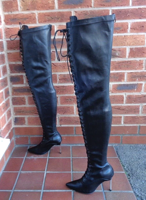 SXXY BLACK PU Leather Front Lace up CROTCH HIGH Boots 5 uk DOMINATRIX ...