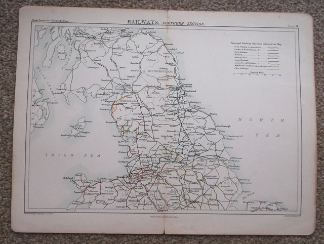 C.1885 ANTIQUE MAP of Principal Railway Systems Northern Section by A&C ...