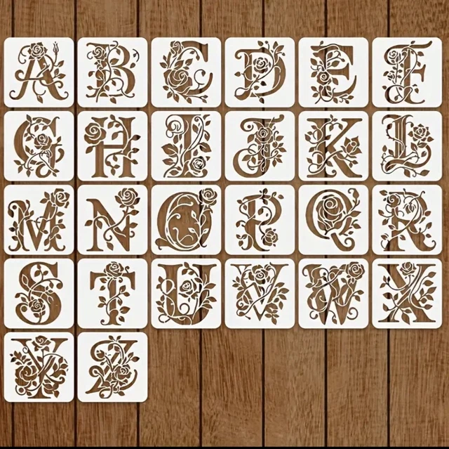 26PCS FLORAL ALPHABET Stencils Reusable Rose Letter Painting Templates ...