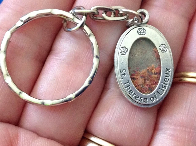 RARE CUSTOM ST. Therese Rose Petal Key Chain Key Ring Silver Tone Saint ...