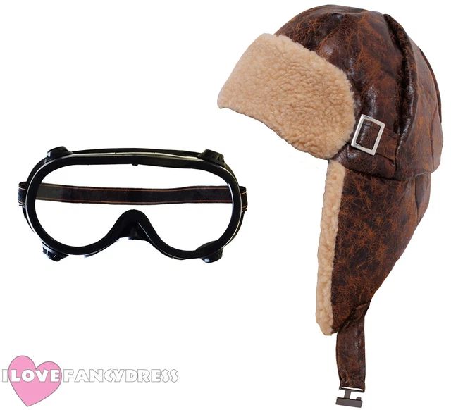 FLYING HELMET AND Goggles 1940'S Pilot Hat Aviator Fancy Dress Wartime ...