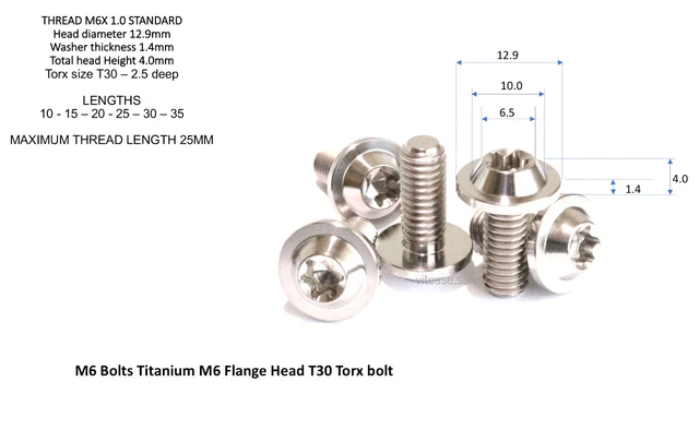 M6 X 30 Titane Profil Bas T30 Torx Carénage Tête Rondelle Boulons Vis Grade 5 EUR 26,89 ...