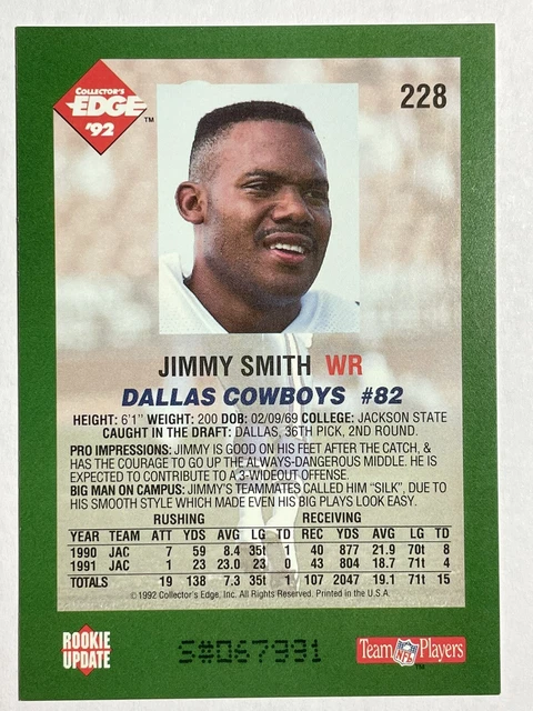 CARTE RECRUE JIMMY SMITH Dallas Cowboys 1992 carte de football ...