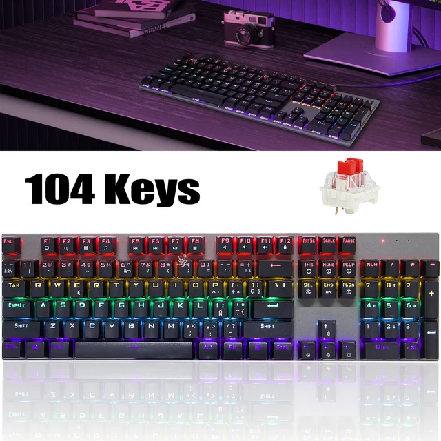 MECHANICAL GAMING KEYBOARD, RGB 104 Keys Ultra-Slim LED Backlit USB w ...
