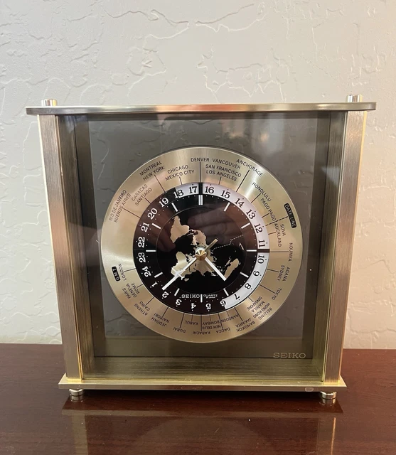 SEIKO QUARTZ WORLD Desk Top Clock with Airplane Second Hand Gold Tone £ ...