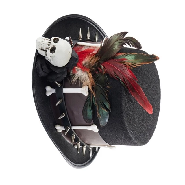 GIRL STEAMPUNK FLAT Top Hat Halloween Hat with Skull&Rivet&Feathered ...