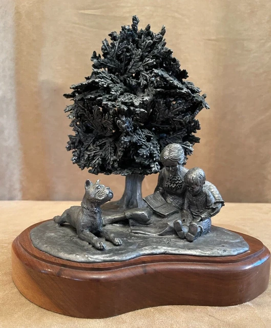 1983 MICHAEL RICKER Tree reading child Statue Handcrafted Pewter #498 ...
