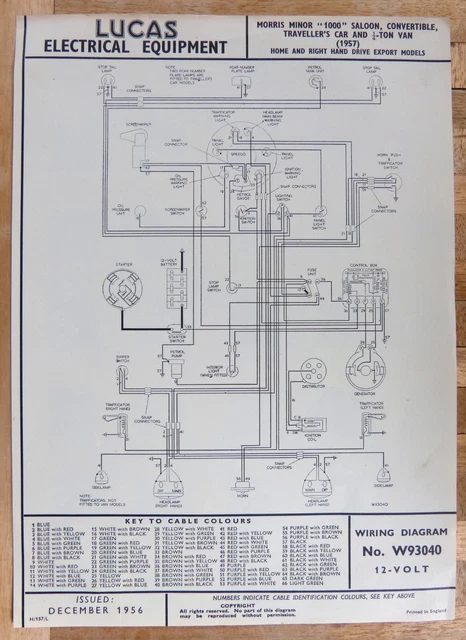 ORIGINAL LUCAS MORRIS Minor 1000 Wiring Diagram 1957 W93040 £7.25 ...