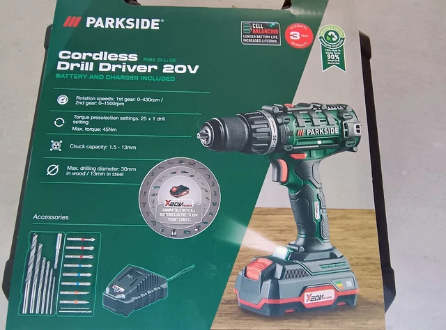 PARKSIDE 20V CORDLESS Drill Driver PABS 20Li-g8 Drill, 2ah Battery ...