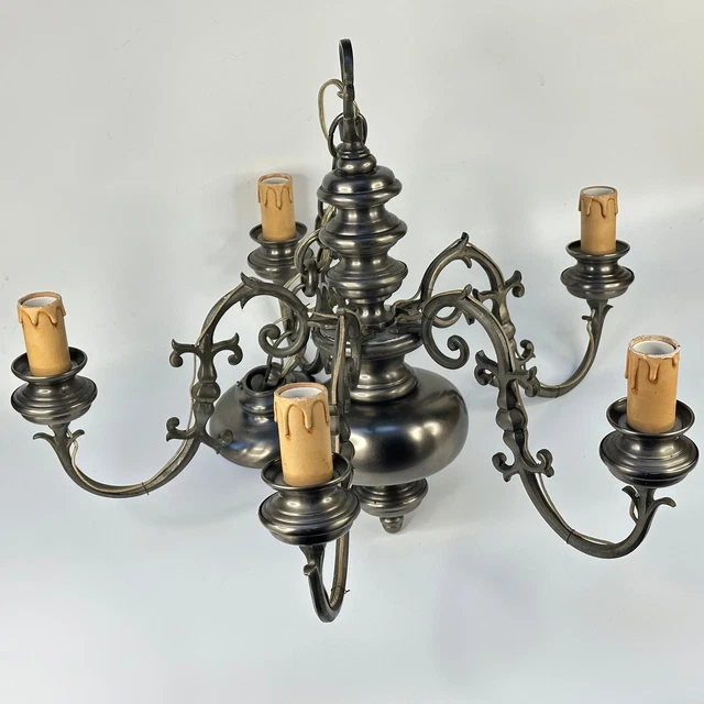 VINTAGE FRENCH EXTRA Large 5 Arm Flemish Pewter Metal Ceiling Light ...