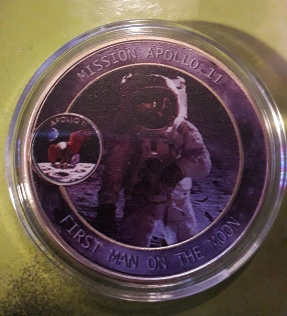 50TH ANNIVERSARY MOON landing commemorative coin gold plated and colour ...