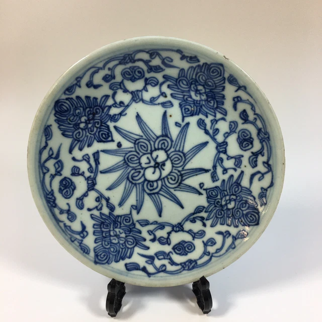 ANTIQUE CHINESE BLUE & White Saucer Painted Lotus Pattern Customs Wax ...