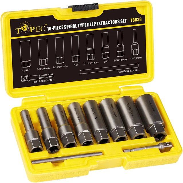 TOPEC 10-PIECE SPIRAL Type Deep Bolt Extractor Set, Spark Plug ...