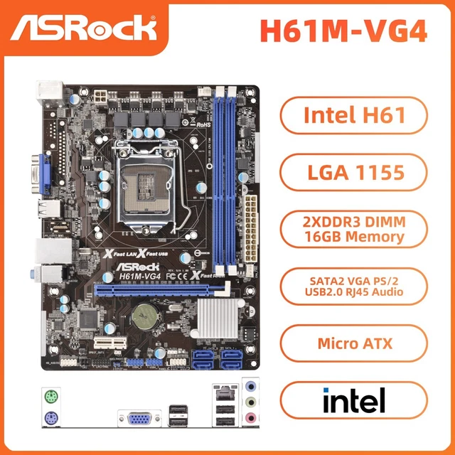 ASROCK H61M-VG4 MOTHERBOARD M-ATX Intel H61 LGA1155 DDR3 16GB SATA2 VGA ...