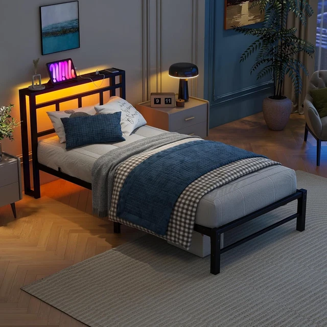3FT SINGLE BED Frame with Storage Headboard&Led Lights,Heavy Duty Metal ...
