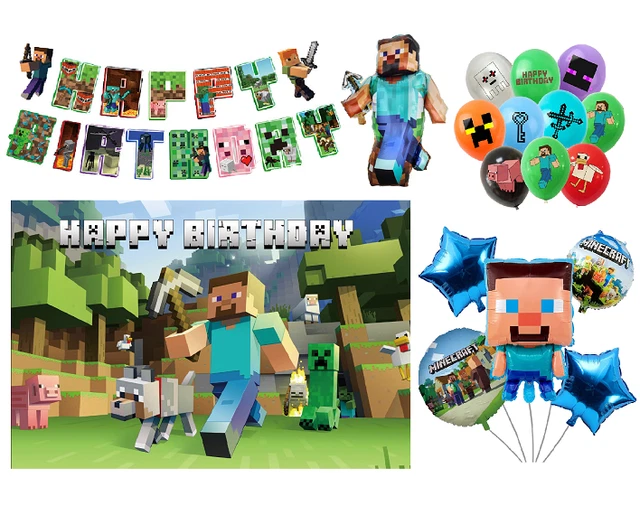 MINECRAFT BACKDROP BANNER foil balloons cake topper birthday party ...