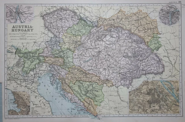 1907 MAP AUSTRIA Hungary Budapest Triest Prague Vienna Galicia Bosnia ...