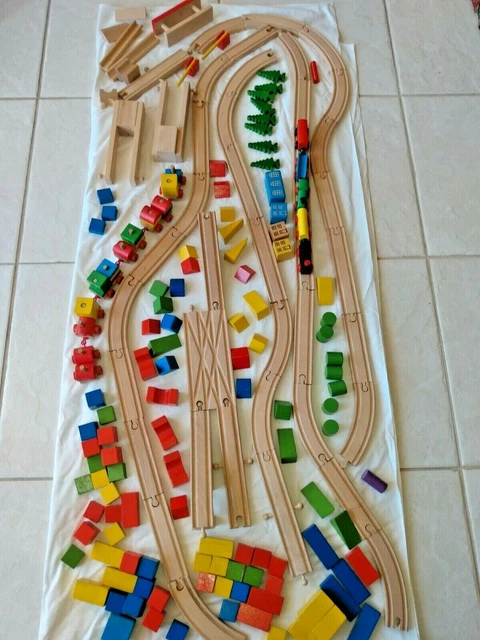 VINTAGE WOODEN TRAINS Tracks blocks buildings trees bench colorful mix ...