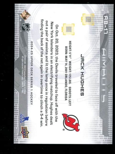 JACK HUGHES 2024-25 Upper Deck Aimbot #AB17 EX or Better $28.27 ...