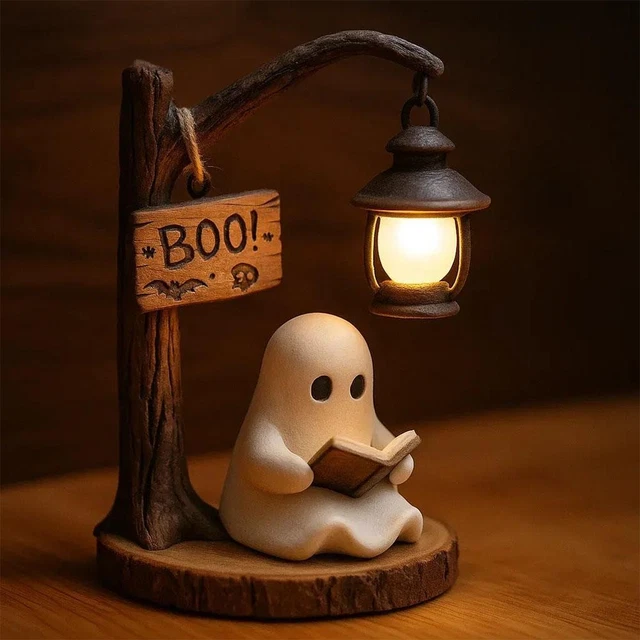 CUTE STREET LIGHT Ghost Reading BOO! 3D Lantern Resin Halloween Night ...