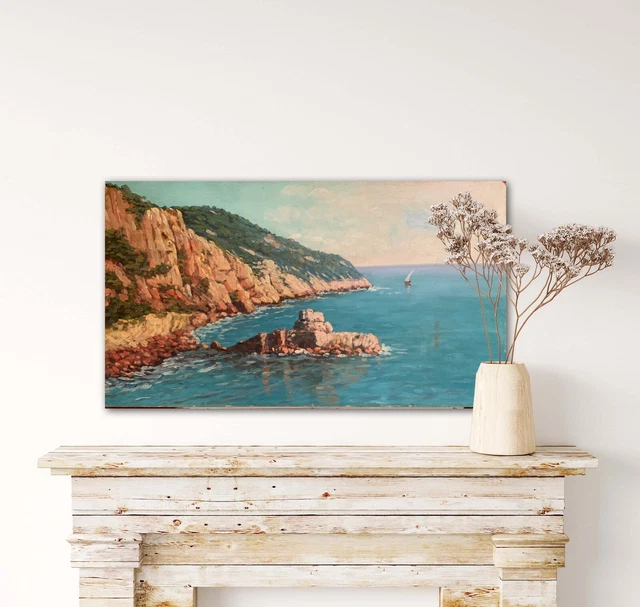 ANCIEN TABLEAU HUILE paysage marine calanques voiliers signé J. Rougier ...