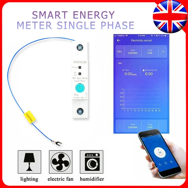 SMART ENERGY METER 63A Single Phase WIFI Power Consumption Electrical ...