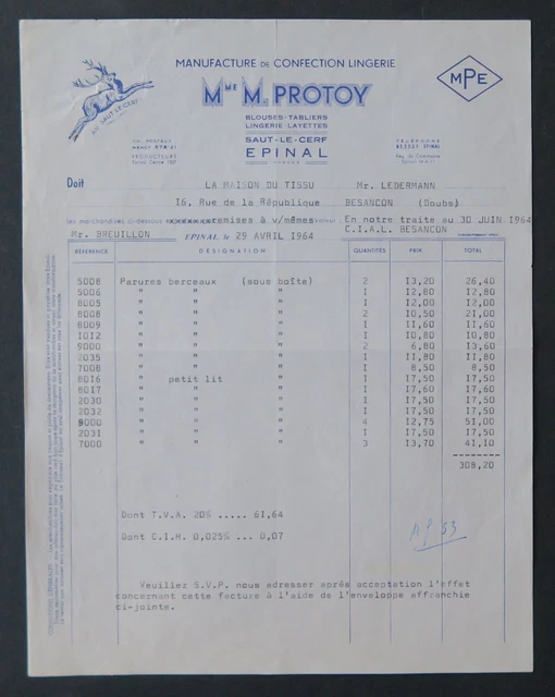 FACTURE 1964 EPINAL PROTOY LINGERIE LE SAUT DU CERF entête illustrée 47 ...