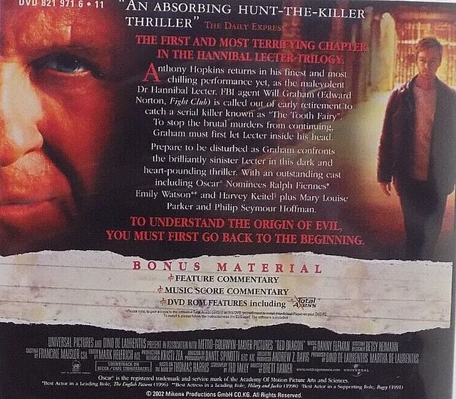 RED DRAGON (2002) R2,4 DVD Anthony Hopkins, Ralph Fiennes, Harvey ...