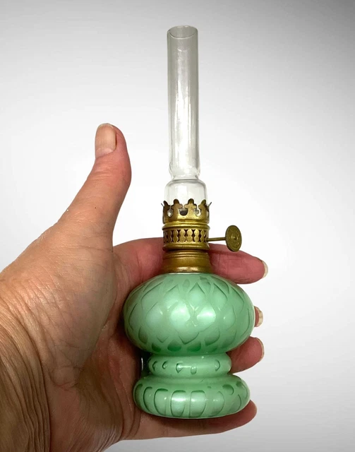 ANTIQUE MINIATURE OIL Lamp Air trap Satin Glass Pearl RARE Green £52.68 ...