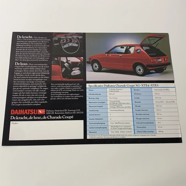 DAIHATSU CHARADE COUPE / brochure sheet 2p NL / Porthole Bullauge EUR 8 ...