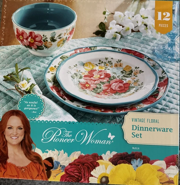 THE PIONEER WOMAN Vintage Floral 12-Piece Dinnerware Set Teal Plates ...