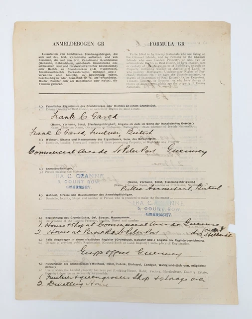 WW2 GERMAN OCCUPATION of Guernsey Enemy National Registration Form ...