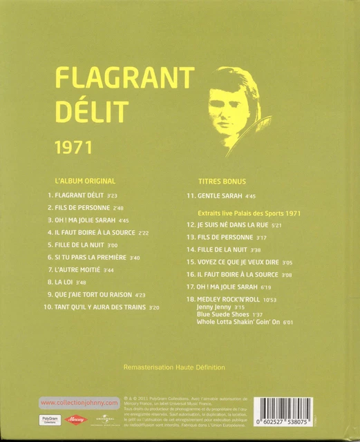 JOHNNY HALLYDAY. Livre Cd ' Flagrant délit ' 1971 . 50 ans de carrière ...